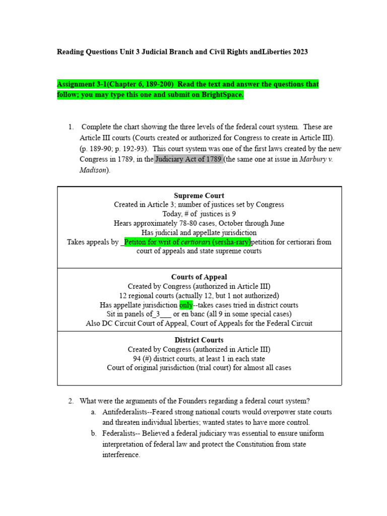 Judiciary and Civil Rights and Liberties Reading Questions 2023 | PDF ...
