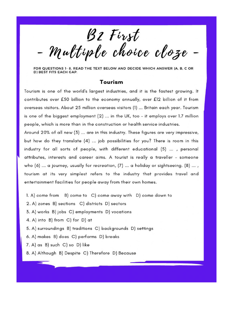 Multiple Choice Cloze - Tourism | PDF