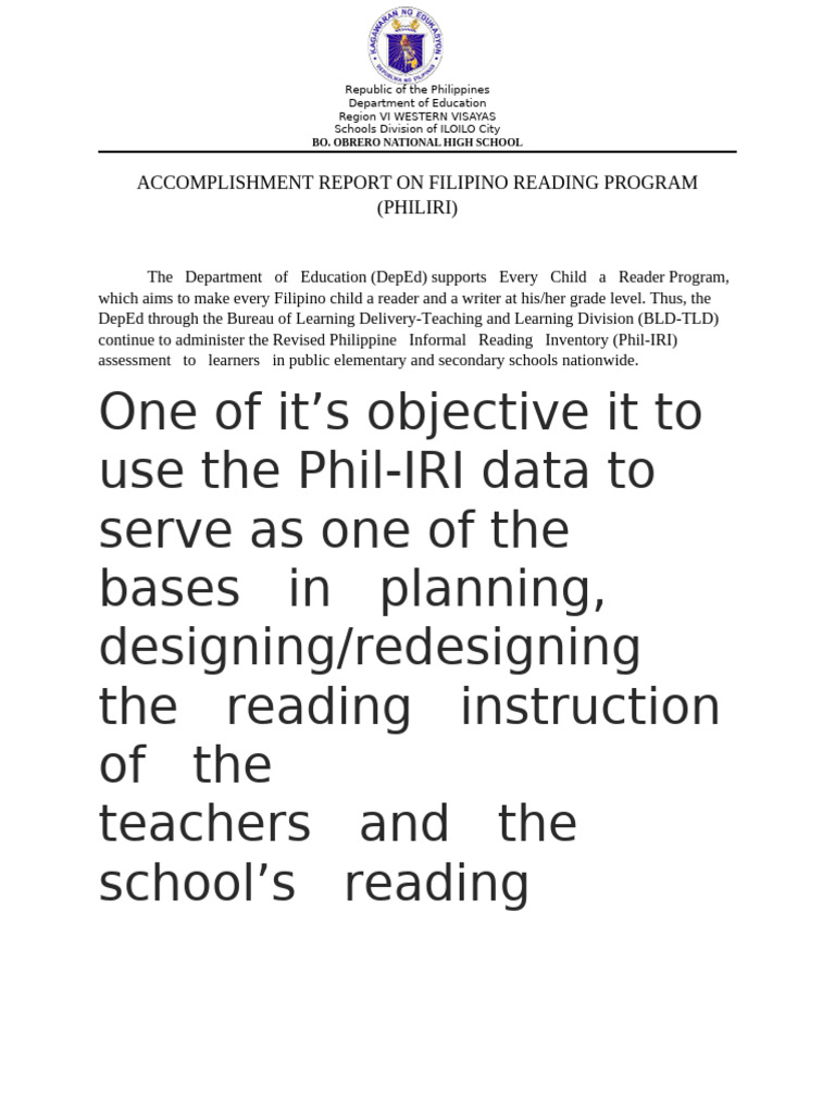 Accomplishment Report on Filipino Reading Program | PDF | Reading ...
