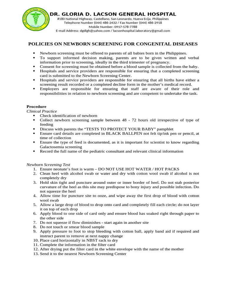 Newborn Screening SOP 2023 | PDF | Medicine | Health Care