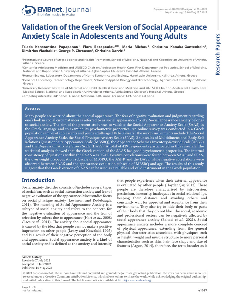 Validation of The Greek Version of Social Appearance | PDF ...
