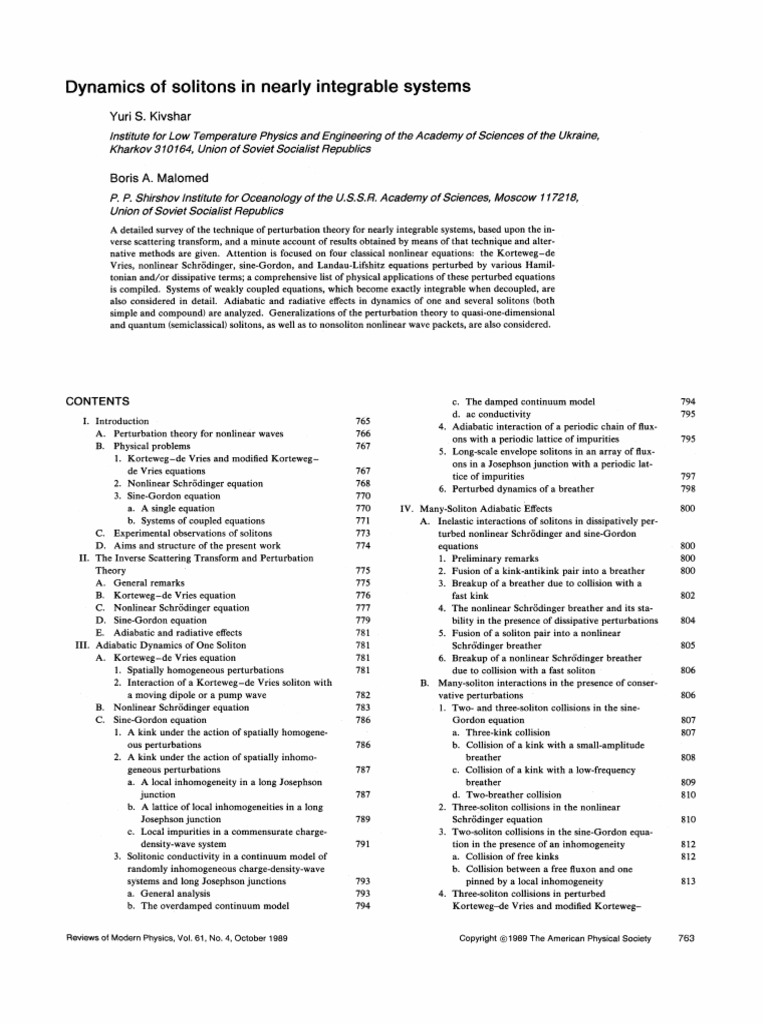 Dynamics of Solitons in Nearly Integrabl | PDF | Soliton | Perturbation Theory (Quantum Mechanics)