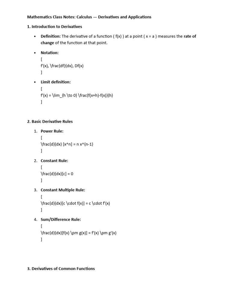 Mathematics Class Note Calculus Derivatives and Applications | PDF