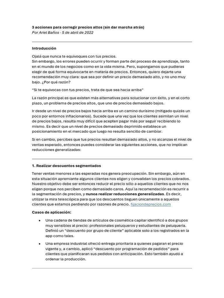 3 Acciones para Corregir Precios Altos Sin Dar Marcha Atrás | PDF ...