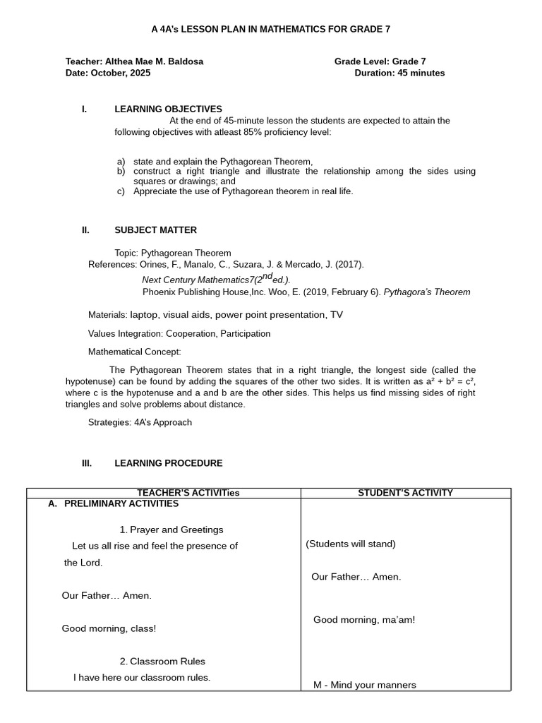 Grade 7 Pythagorean Theorem Lesson Plan | PDF | Pythagoras | Mathematics