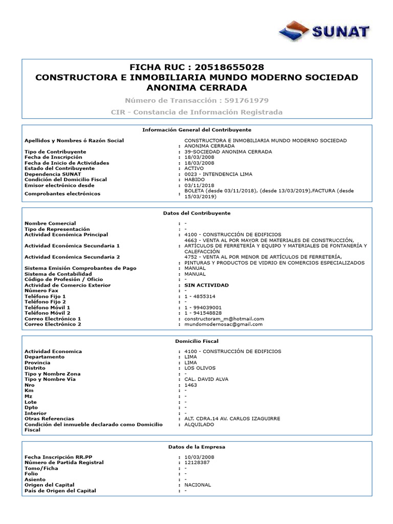 RUC 20518655028: Constructora Mundo Moderno | PDF | Economias ...