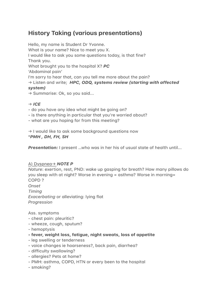 History Taking (Various Presentations) | PDF | Diseases And Disorders ...