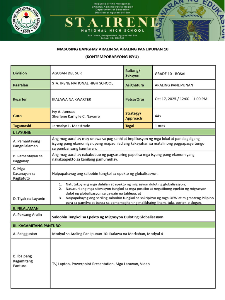 Lesson Plan For Peer Teaching Demonstration - Grade 10 Rosal | PDF