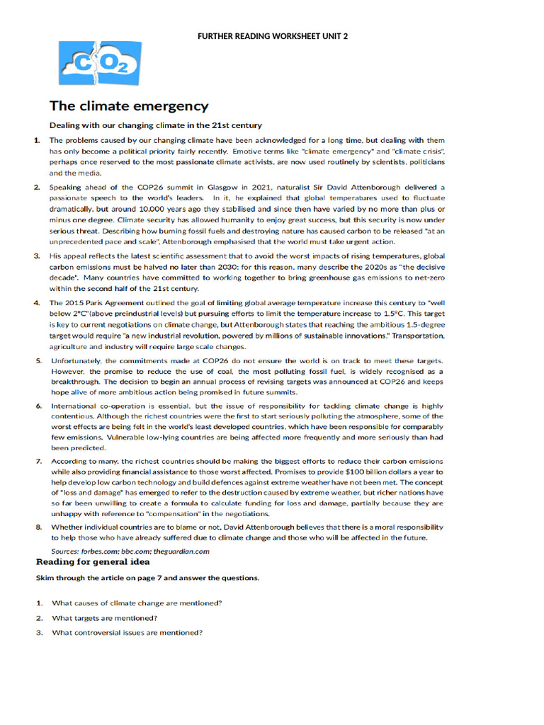 Further Reading Worksheet Unit 2 | PDF