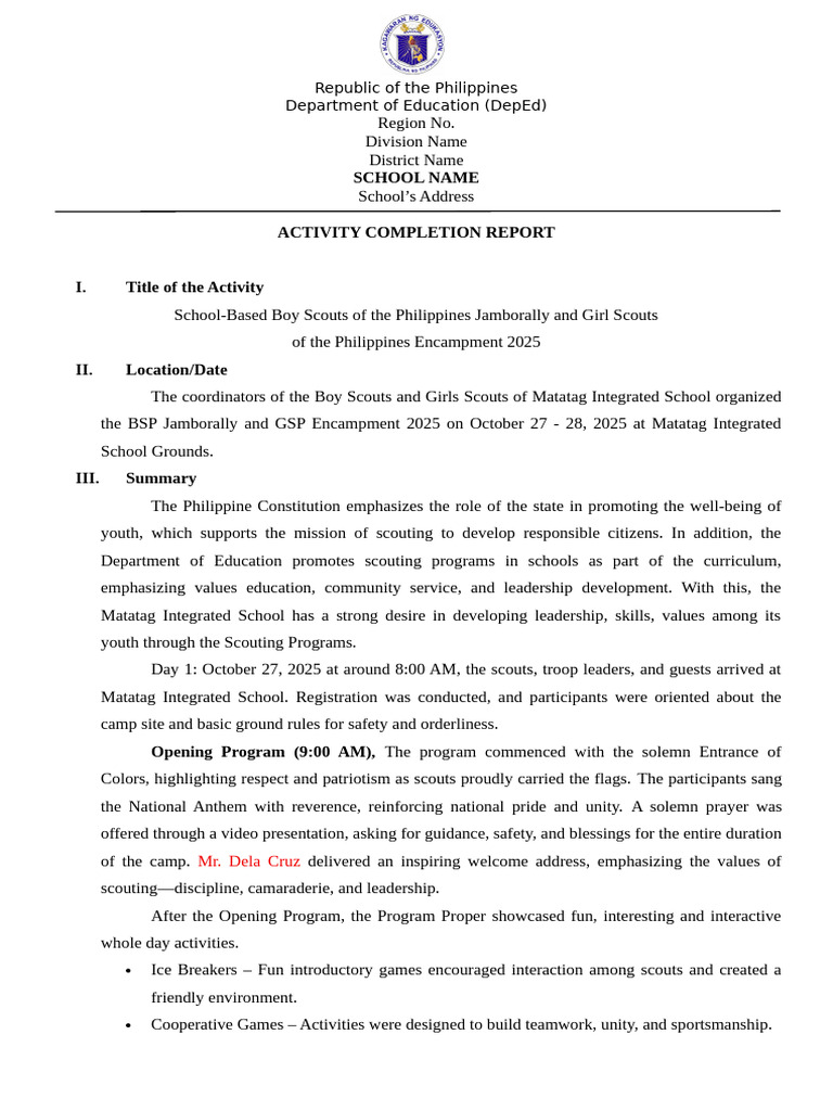 Activity Completion Report BSP Jamborally & GSP Encampment | PDF | Scouting | Leadership
