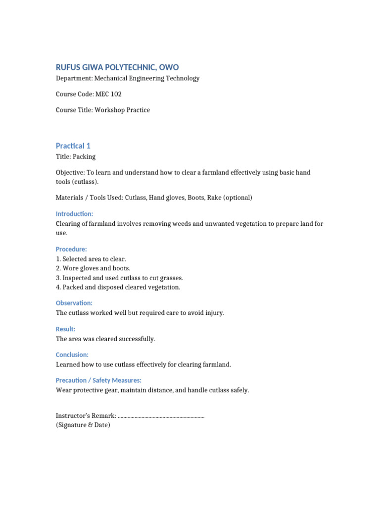 MEC102 Practical Logbook Rufus Giwa Polytechnic | PDF | Pruning | Botany