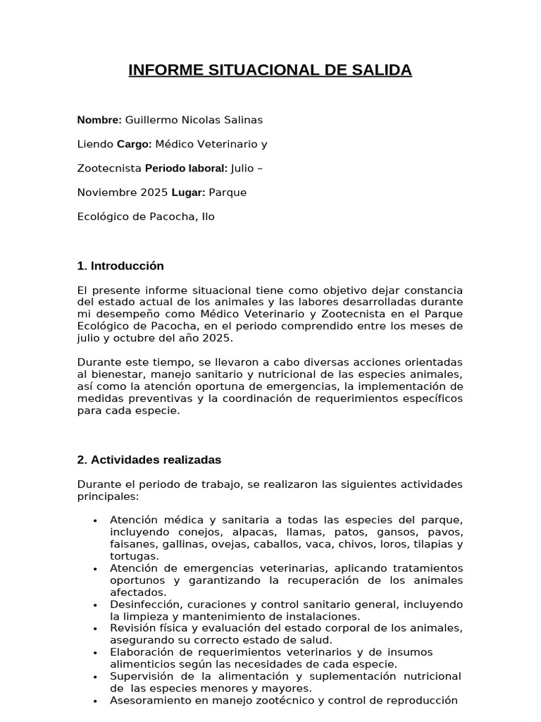 Informe Situacional Parque Ecologico de Pacocha 2 | PDF | Cuidado de la ...