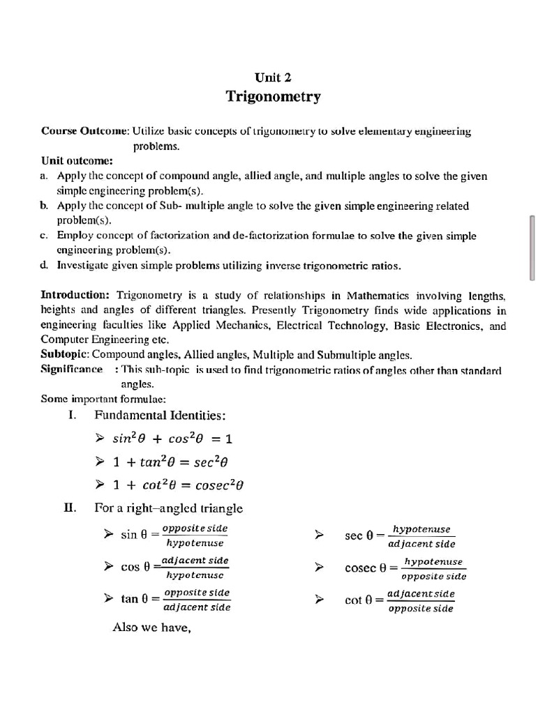 Trigonometry Notes (Unit 2) | PDF