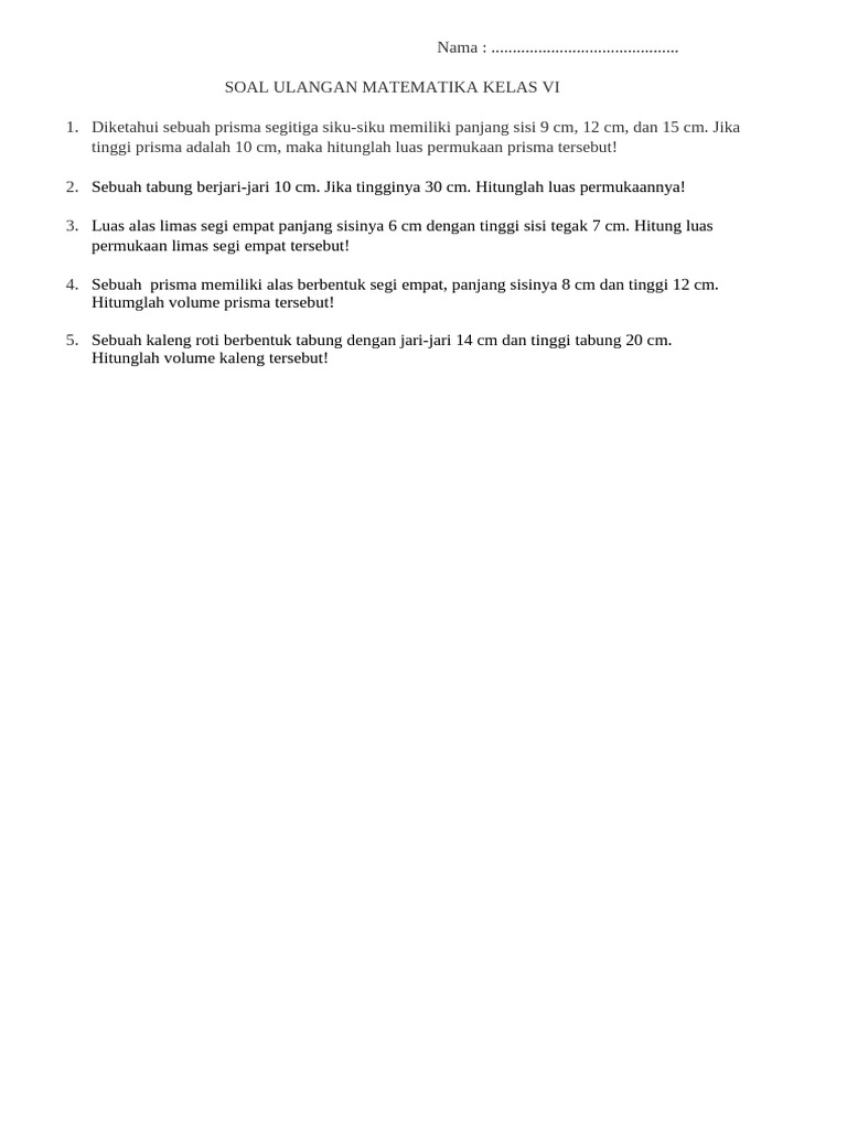 Soal Ulhar Matematika KLs 6 Prisma, Tabung, Limas | PDF