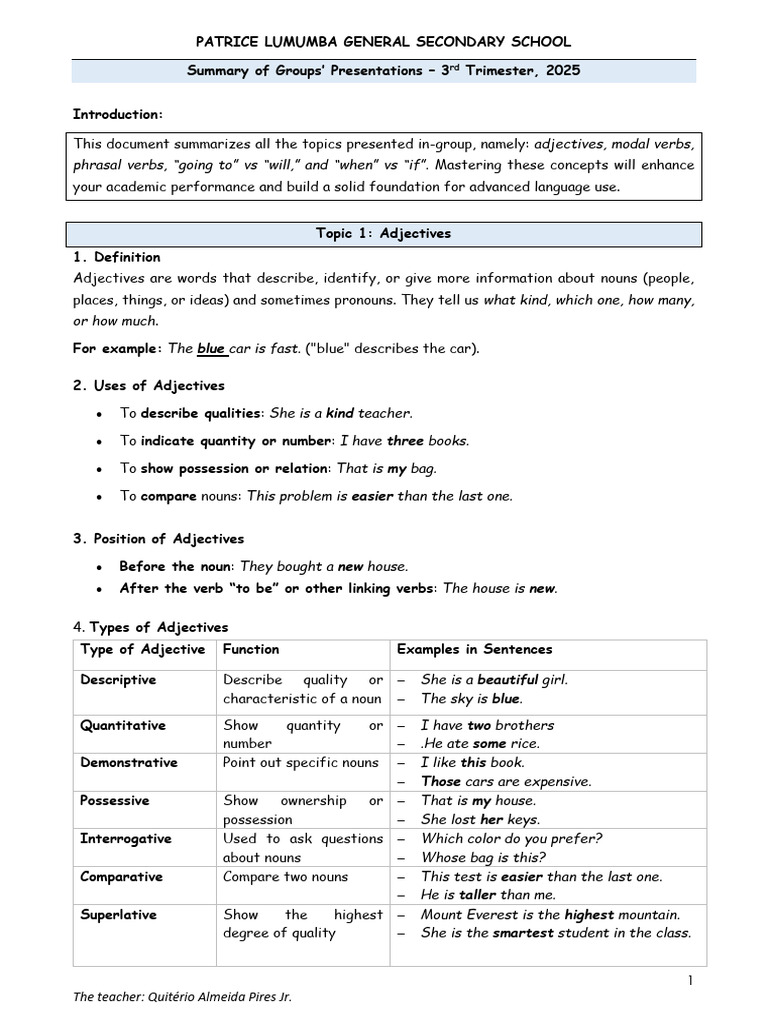 Summary of Group Presentations - Grade 11 - 3 Trimester | PDF | Syntax ...