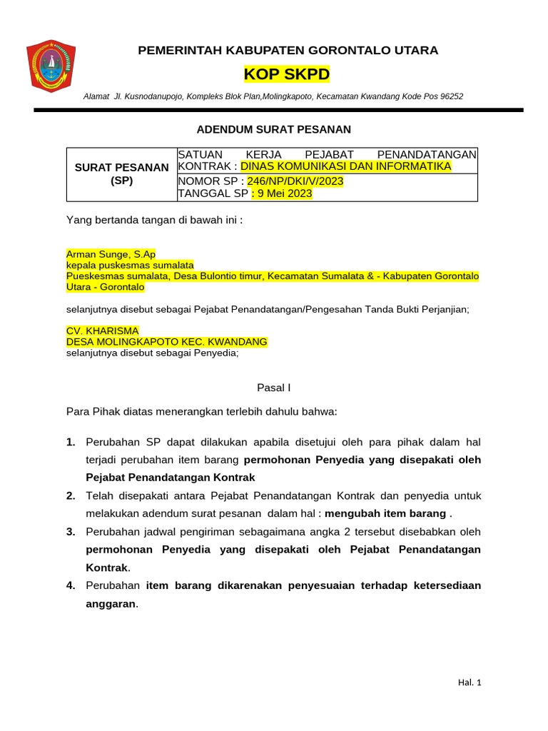 Adendum Surat Pesanan Dinas Kominfo Gorut | PDF