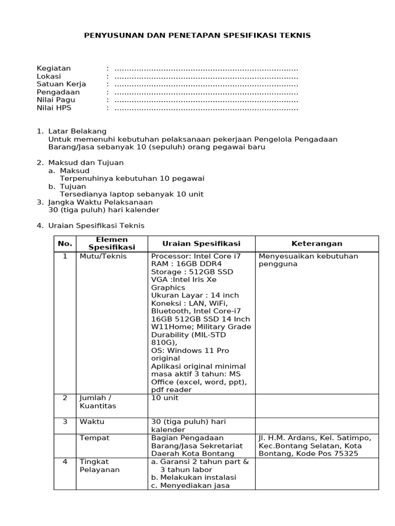 Contoh Format Penetapan Spesifikasi Teknis | PDF