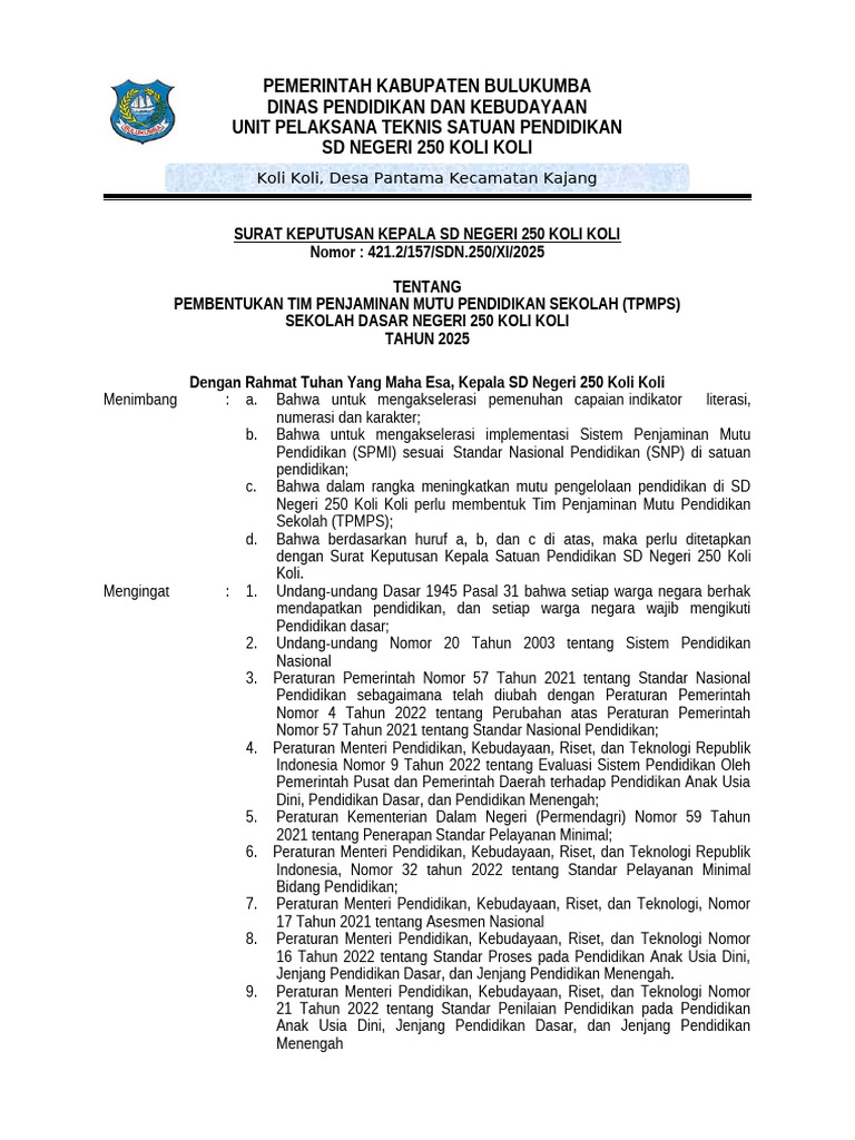 Pembentukan Tim Penjaminan Mutu SPMI | PDF