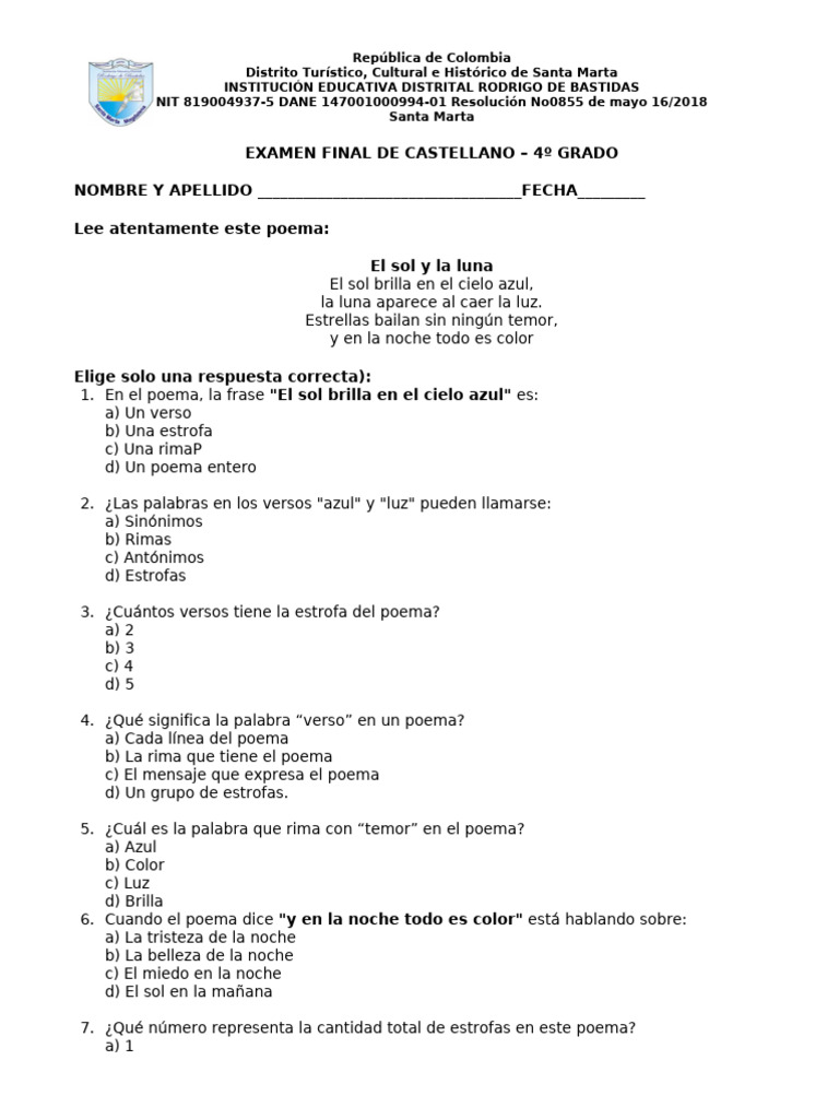 Examen Final de Castellano 4º Grado | PDF | Metáfora | Cielo