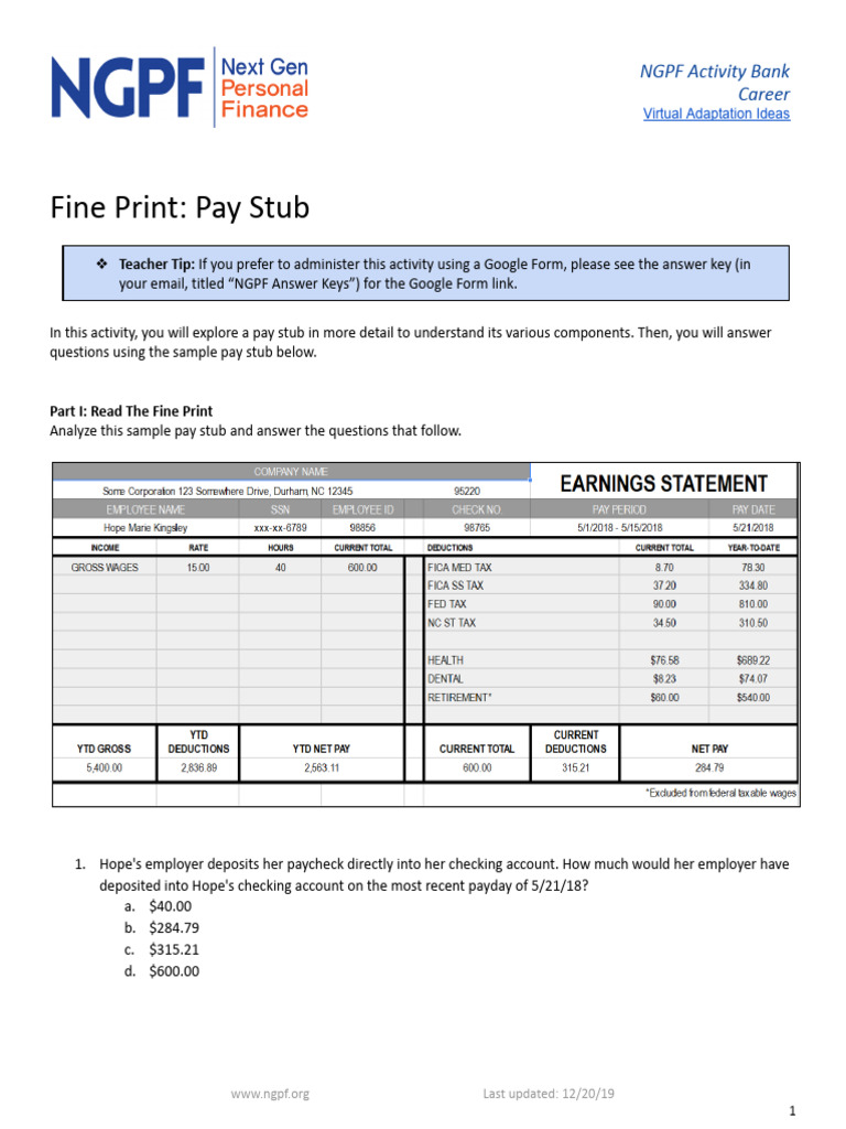FINE PRINT - Pay Stub (Student Copy) | PDF | Paycheck | Taxes