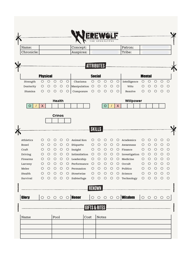 Garou Character Sheet Template | PDF