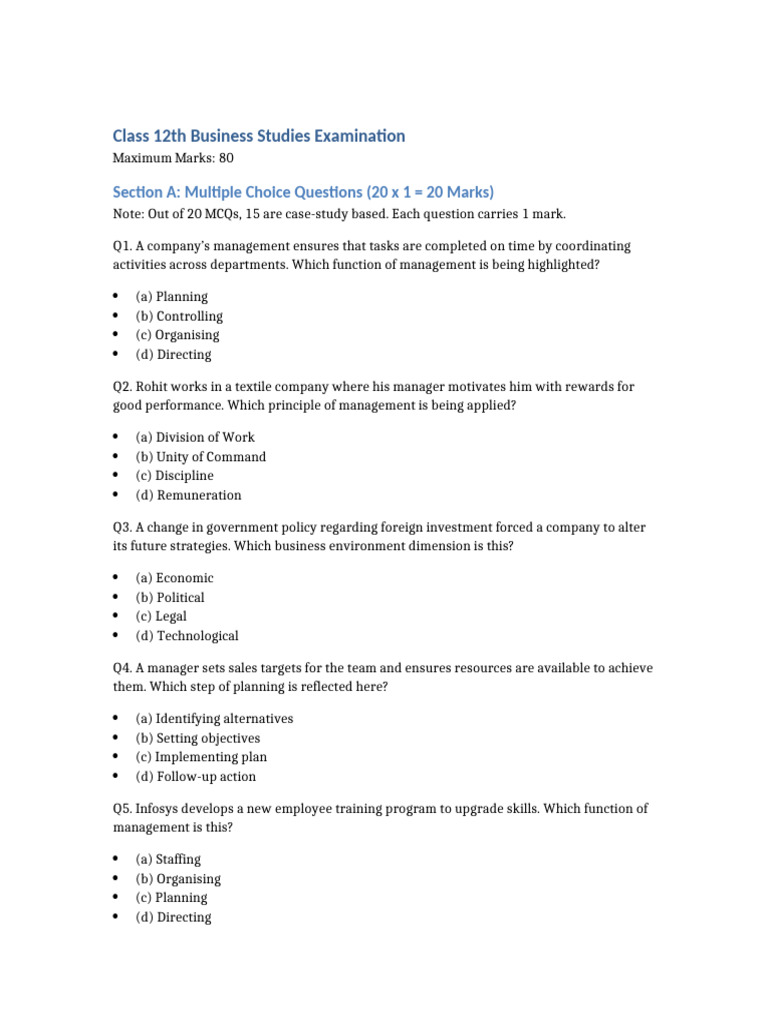 Class 12 Business Studies Exam Guide | PDF | Business | Economies