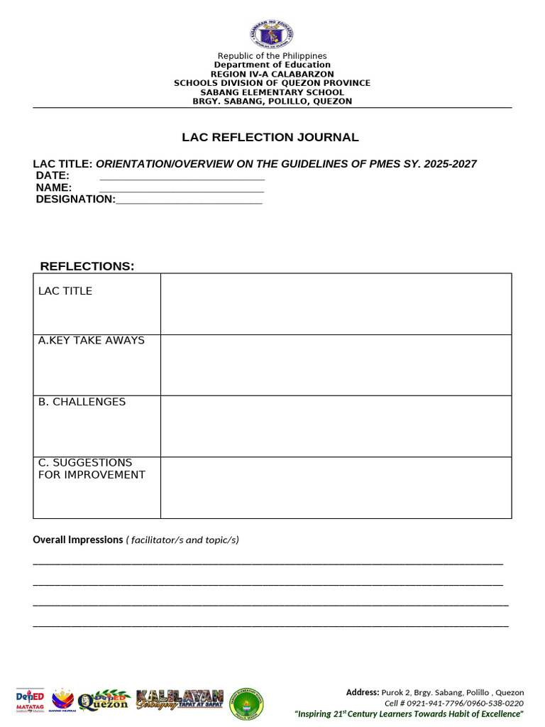 LAC Reflection Journal: PMES Guidelines Overview | PDF