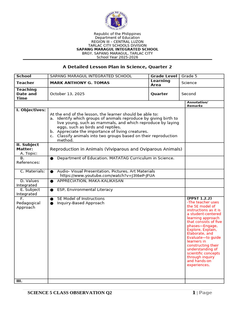 Grade 5 Science Lesson Plan: Animal Reproduction | PDF | Learning | Egg