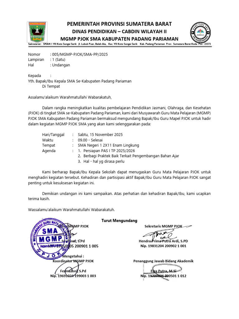 Undangan MGMP PJOK SMA Padang Pariaman | PDF