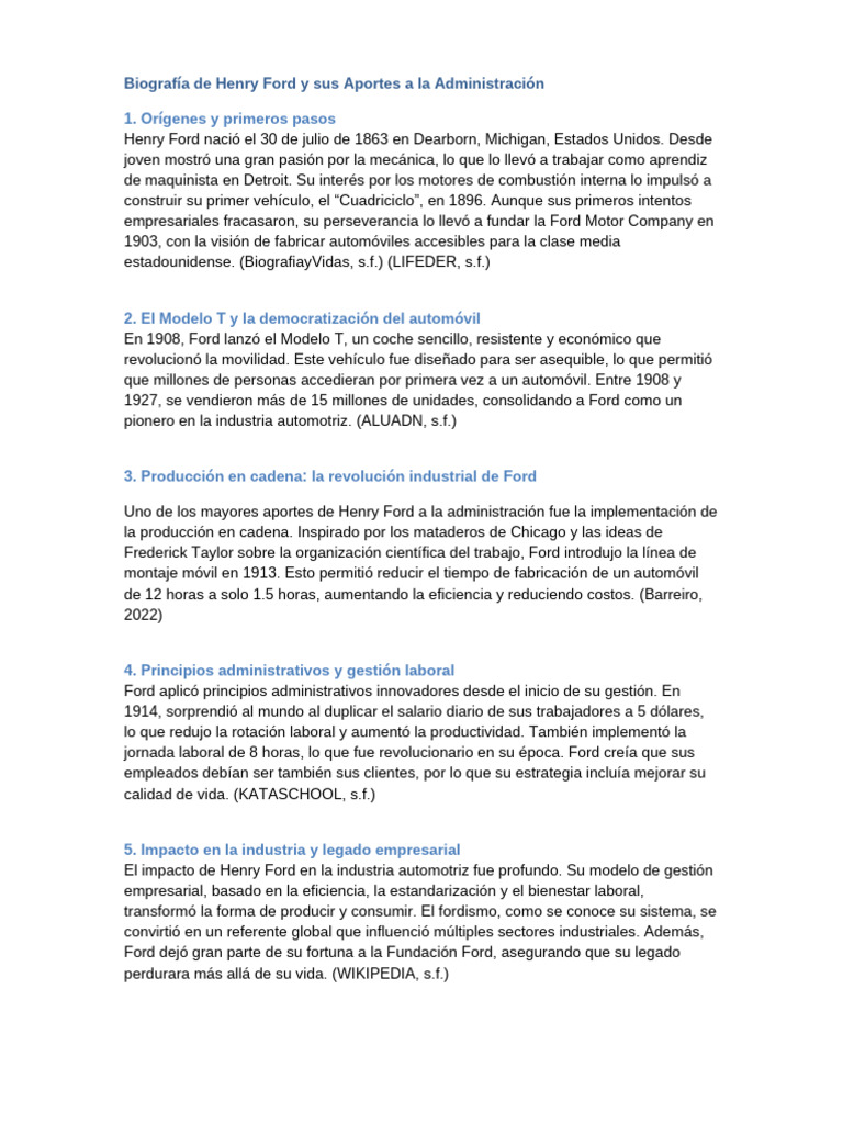 Biografía de Henry Ford y su legado administrativo | PDF | Compania de ...
