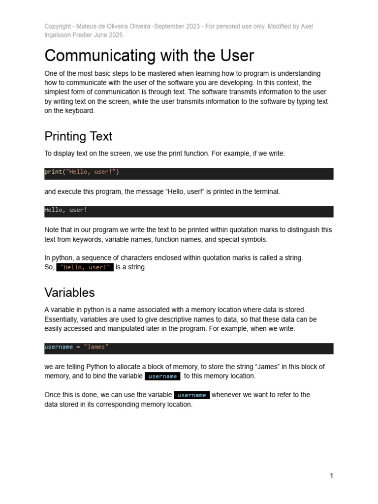 User Communication in Python Programming | PDF | String (Computer ...