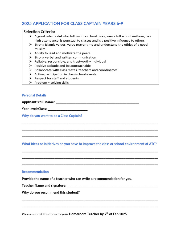 2025 Class Captain Application Form | PDF