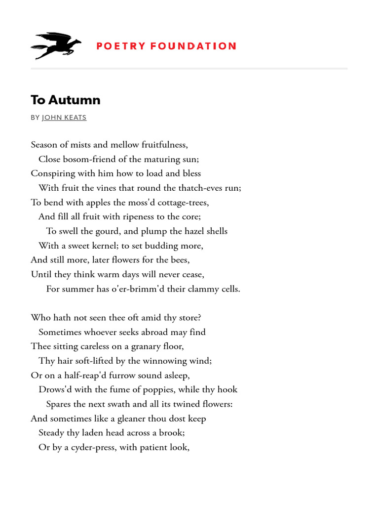 John Keats' Ode to Autumn Poem | PDF