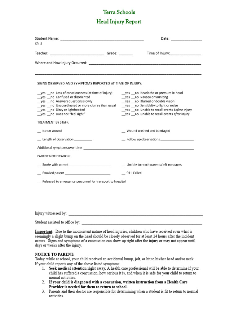 Head Injury Form | PDF