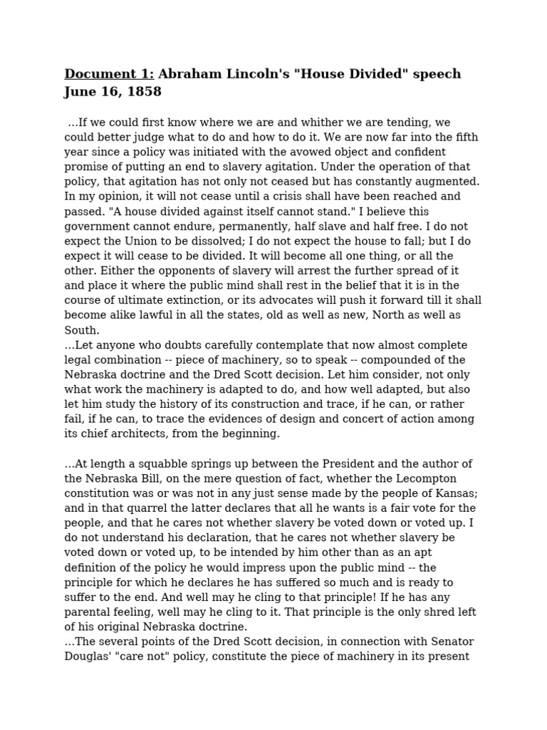 Lincoln's "House Divided" Speech Analysis | PDF | Secession In The ...