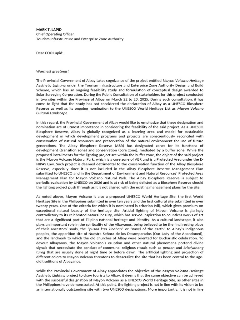 Draft Content of Letter To TIEZA Re Mayon Lighting Project | PDF ...