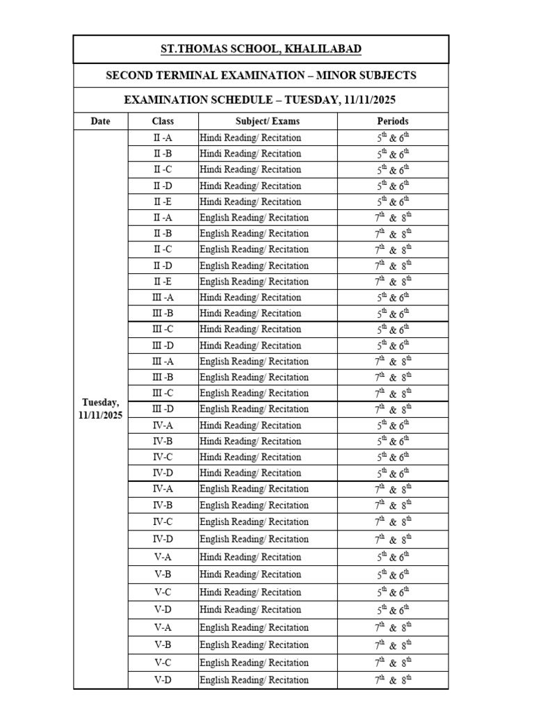 Minor Exam Schedule 11-11-2025 | PDF