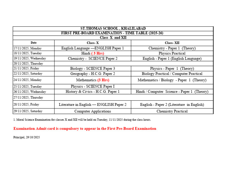 Time Table - First Pre-Board Exam 2025-26 (Class X To XII) | PDF