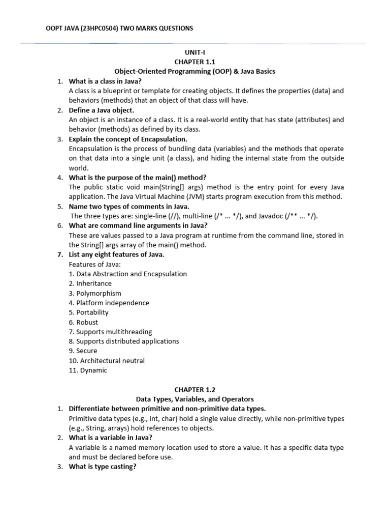Oopt Java (23hpc0504) Two Marks Questions | PDF | Inheritance (Object Oriented Programming ...