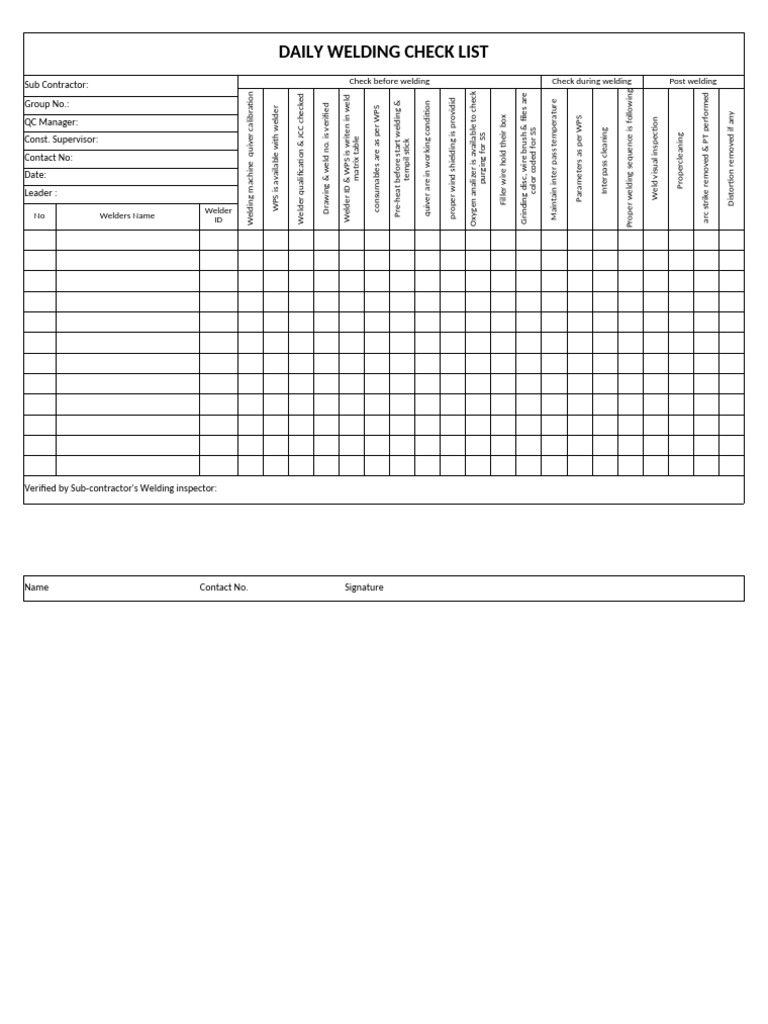 Daily Welding Checklist Template Report | PDF | Welding | Construction