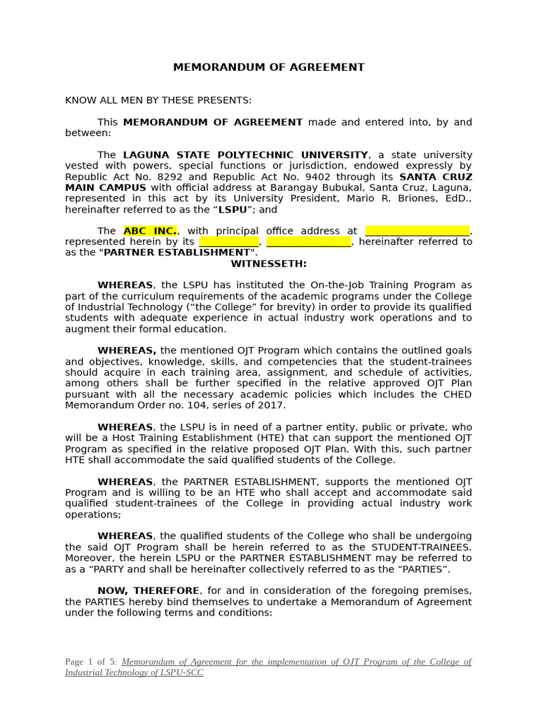 Template Moa Ojt Cit 202402update | PDF | Indemnity | Private Law
