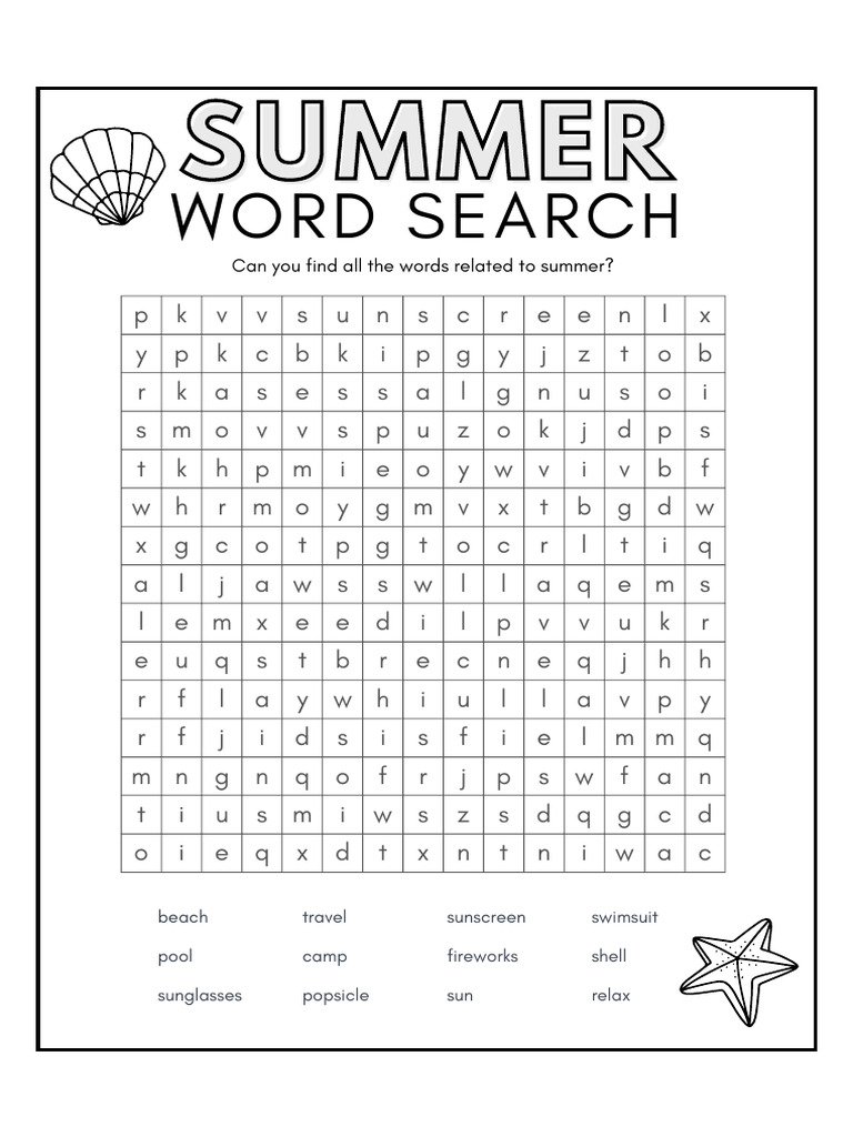 Summer Word Search Worksheet in A Colorful Greyscale Playful Style | PDF
