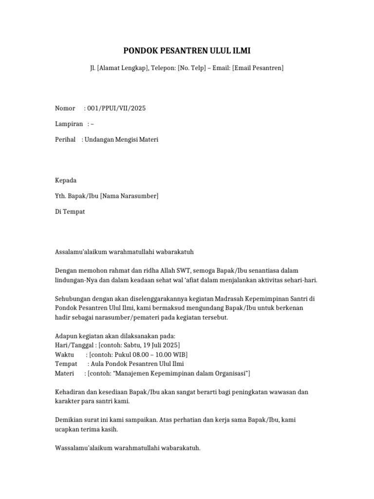 Undangan Narasumber Madrasah Santri | PDF