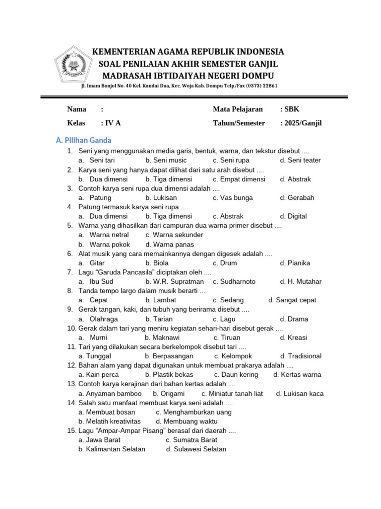 Soal_Ulangan_SBDP_Kelas4_Ganjil | PDF