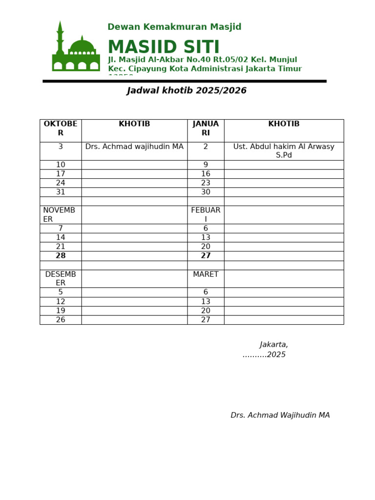Jadwal Khotib Masjid Siti Chadidjah 2025 | PDF