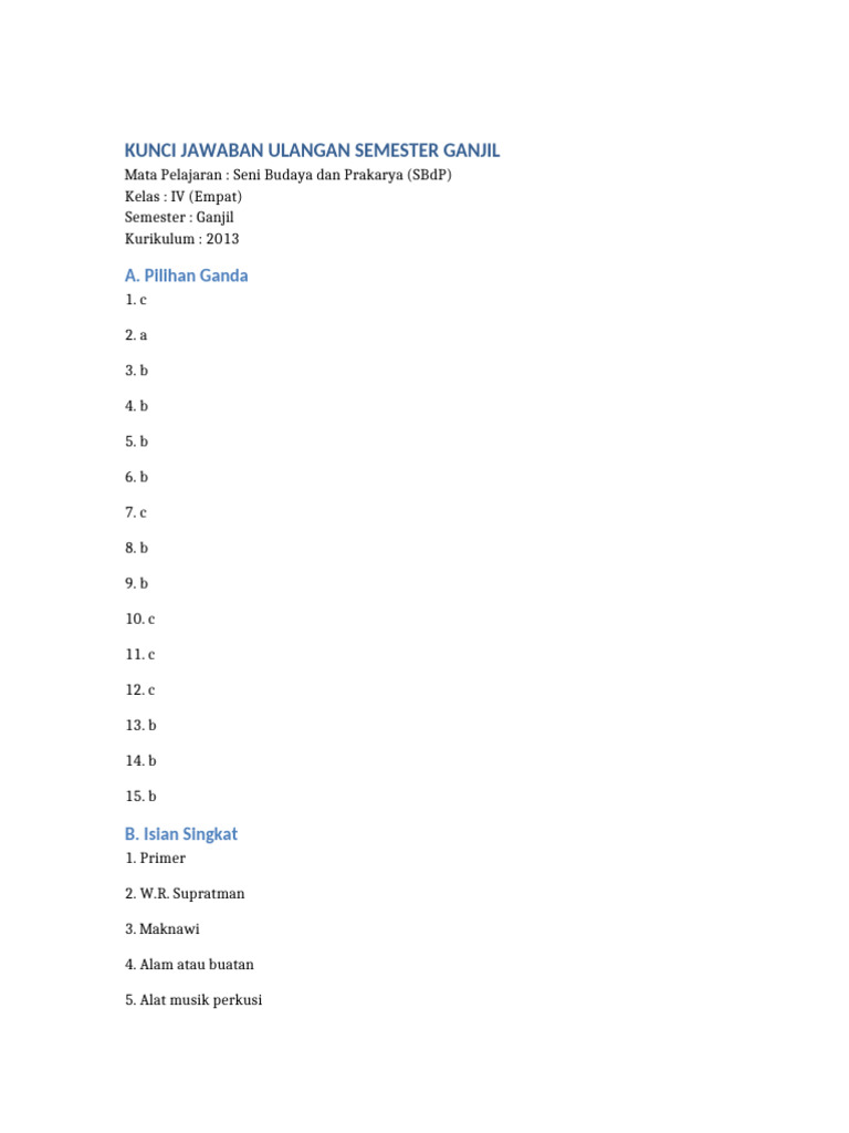 Kunci Jawaban SBDP Kelas4 Ganjil | PDF