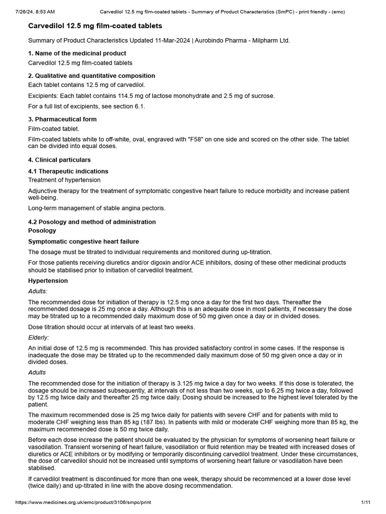 Carvedilol 12.5 mg Tablet Overview | PDF | Heart Failure | Dose ...