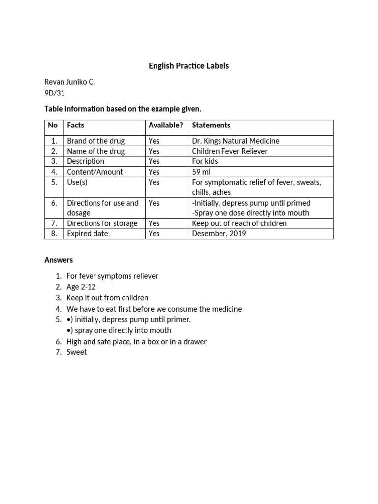 English Practice Labels | PDF