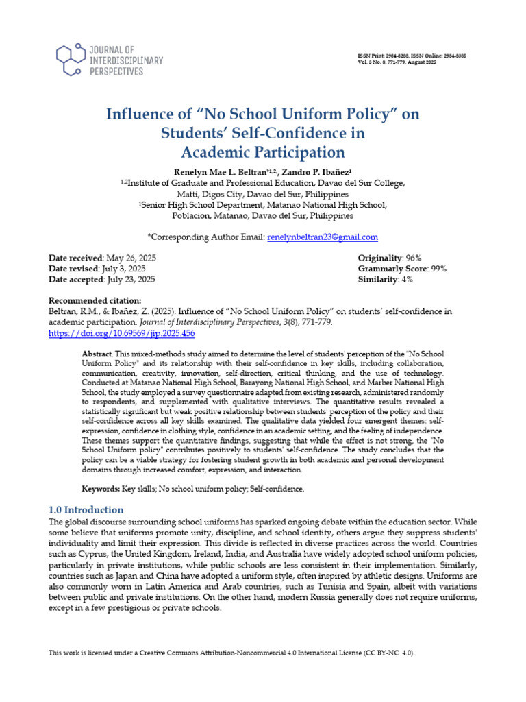 Influence of "No School Uniform Policy" On Students' Self-Confidence in ...