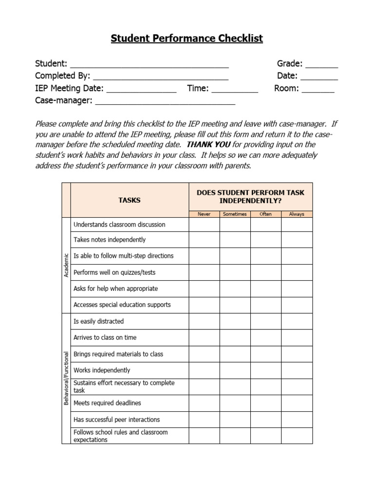 Student Performance IEP Checklist | PDF | Individualized Education ...